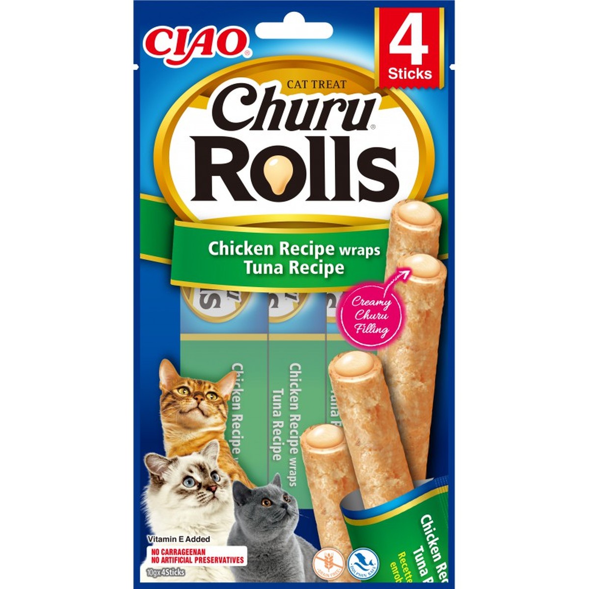 Friandises, Churu® Rolls Poulet enrobé de Thon 4 Sticks à 10g | Schilliger